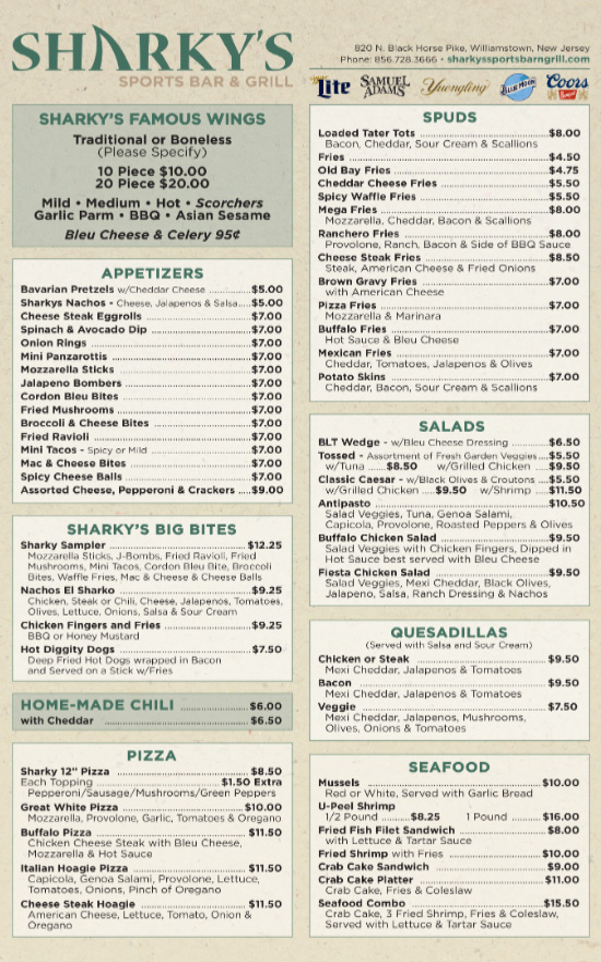 Check out our Menu at Sharky's Available late every day!