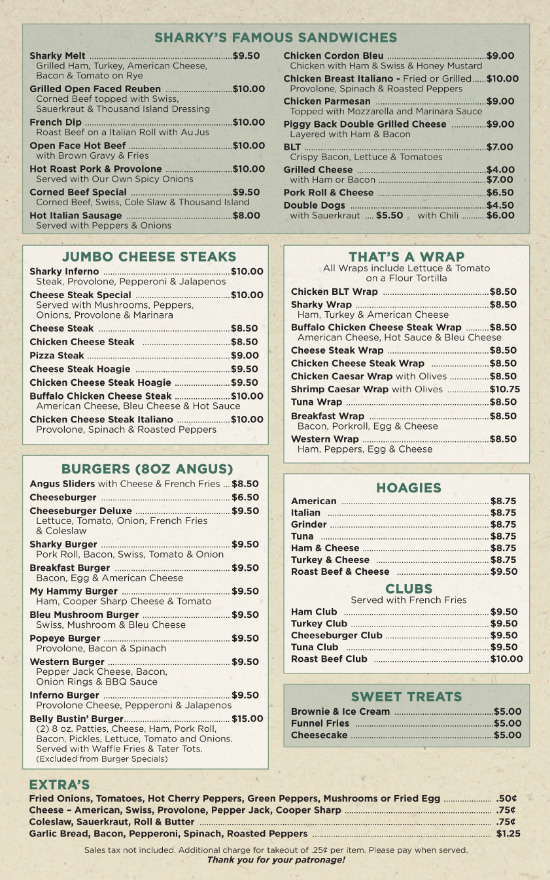 Check out our Menu at Sharky's Available late every day!